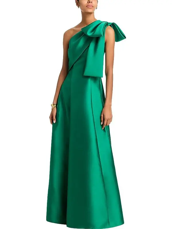 Aqua Mikado One Shoulder Fit And Flare Gown - Green