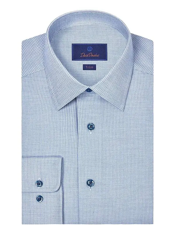David Donahue Trim Fit Cashmere Blend Twill Micro Check Dress Shirt - Blue