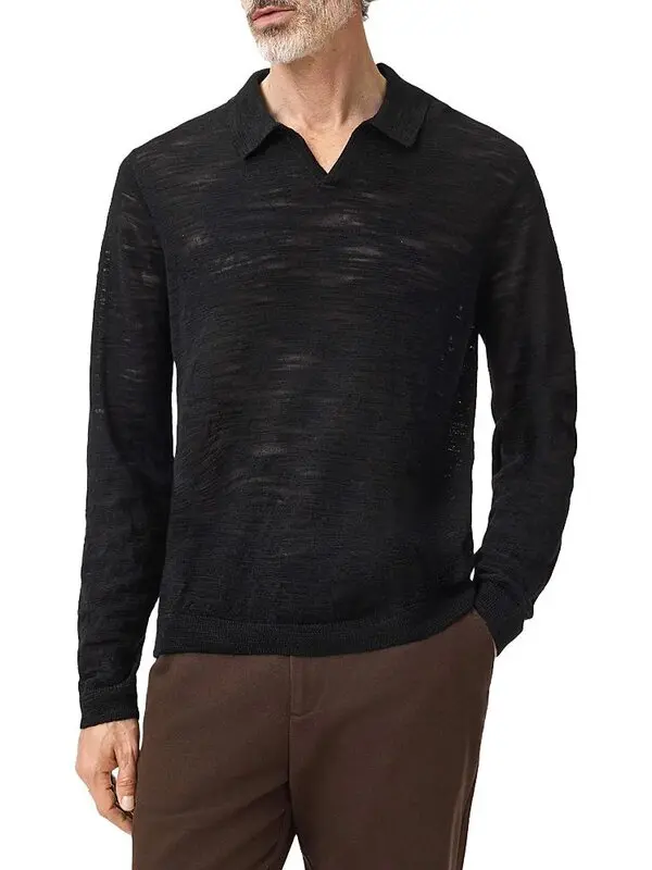 John Varvatos Luciano Slub Open Collar Polo Sweater - Black