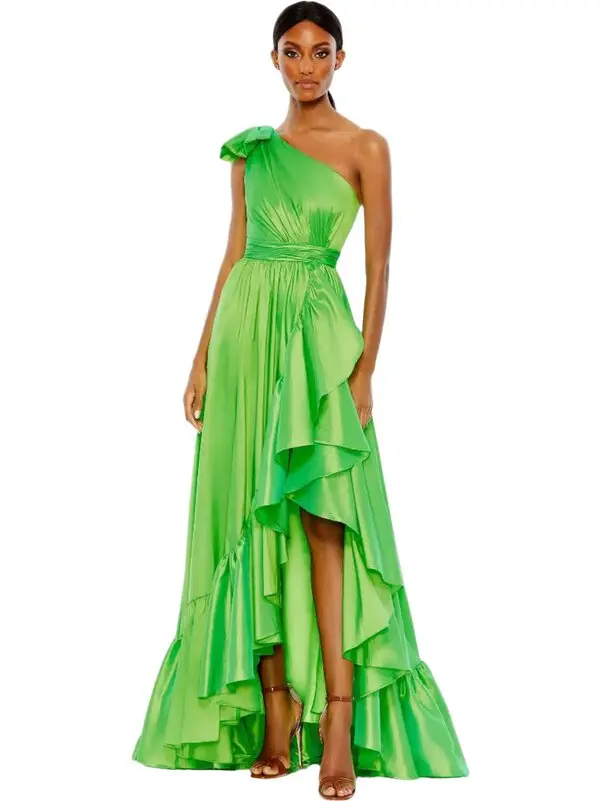 Mac Duggal Bow One-shoulder Ruffle Gown - Green