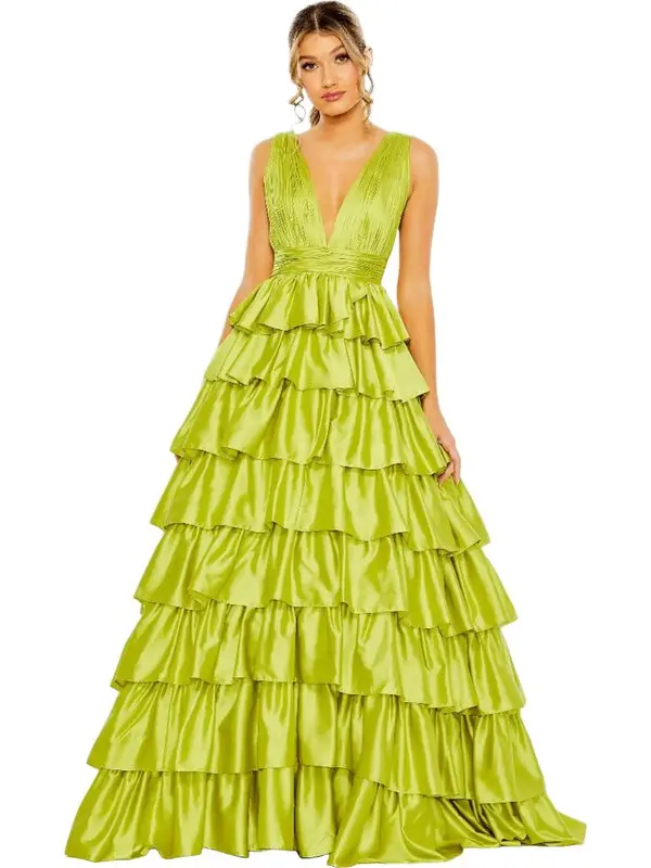Mac Duggal Ruffle Tiered Pleated Sleeveless V Neck Gown - Green