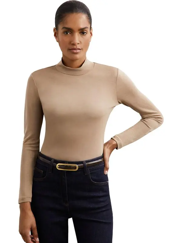 REISS Molly Lyocell-blend Funnel-neck Top - Camel