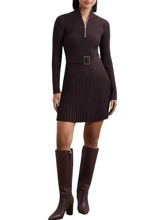 REISS Belted Ribbed Long Sleeve Dress - Plum Purple