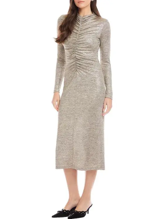 Fifteen Twenty Foil Knit Ruched Long Sleeve Midi Dress - Gold Dust