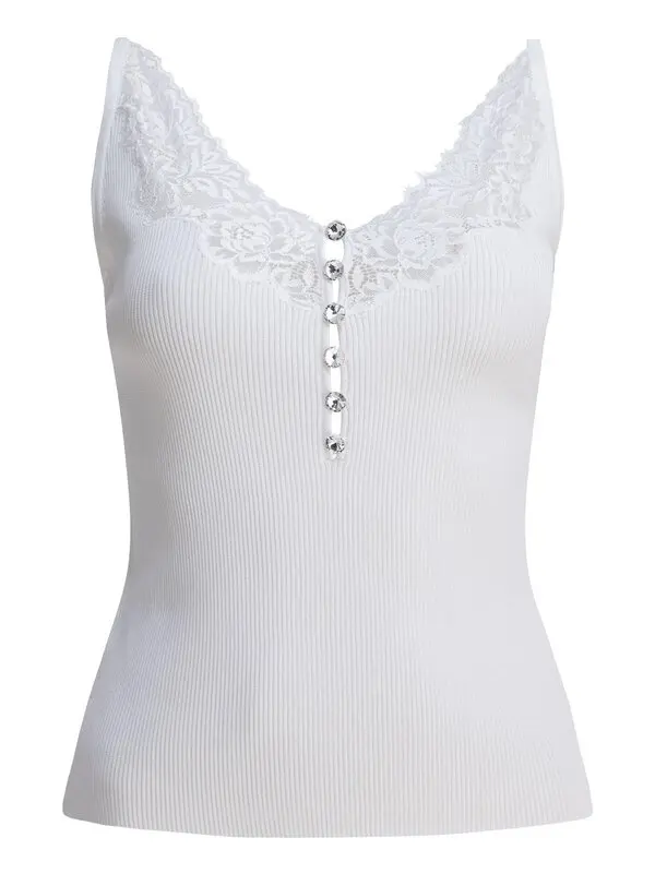SELF-PORTRAIT Ribbed Tank Top With Lace Neckline - White