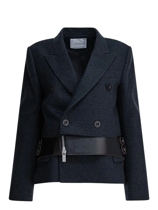 Sacai Wool And Leather Double-breasted Coat - Grey