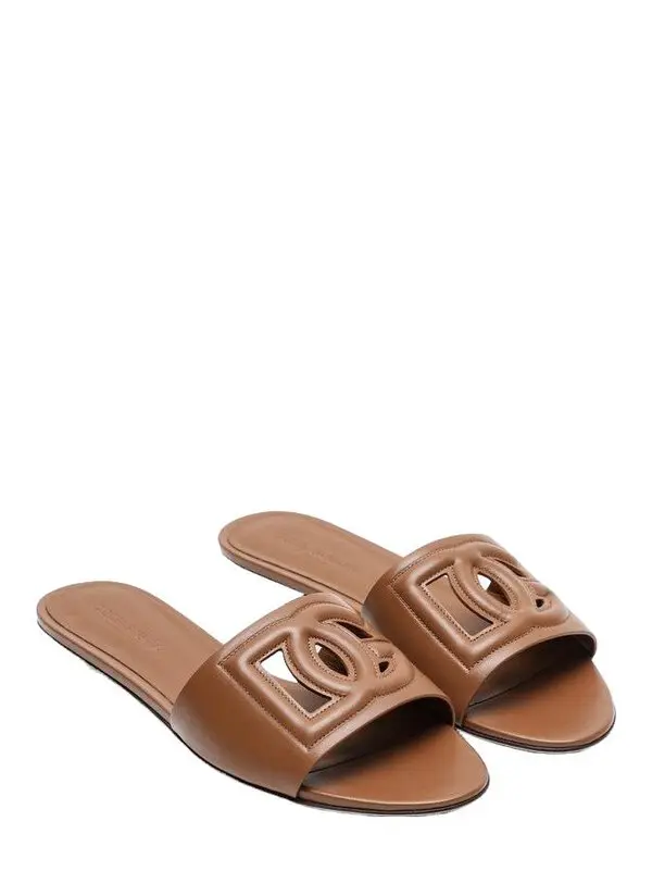 Dolce & Gabbana Leather Slides With Dg Logo - Beige