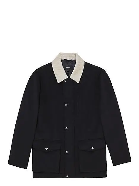 REISS Wool-blend Jacket With Cord Collar - Navy