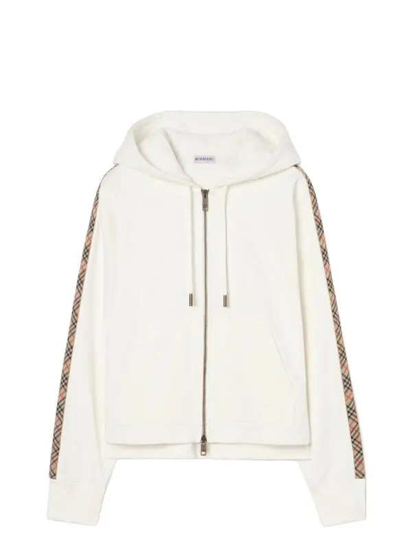 Burberry Check Trim Cotton Zip Hoodie - Chalk White