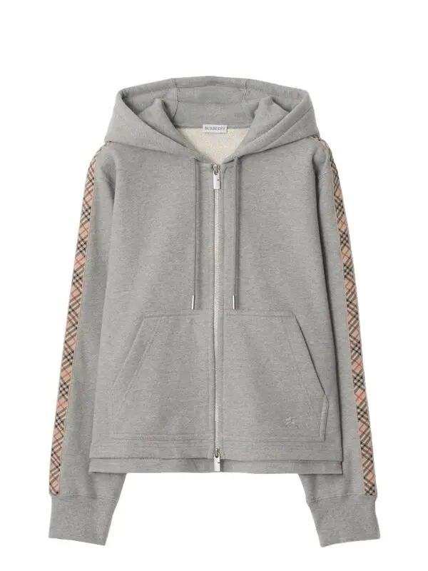 Burberry Check Trim Cotton Zip Hoodie - Pale Grey Melange