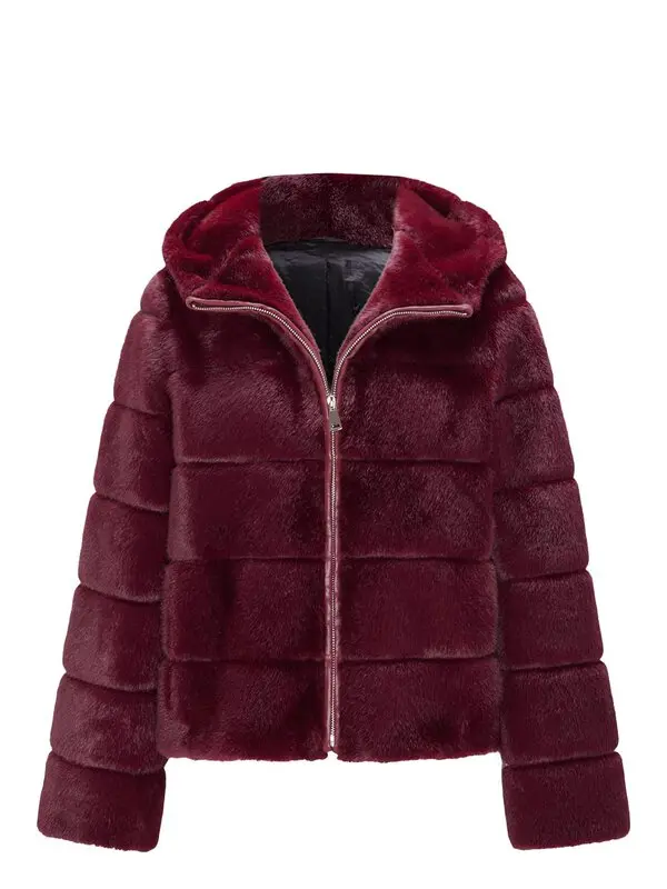 LYLA GRANT Fur-free Hooded Faux Mink Zip Jacket - Burgundy