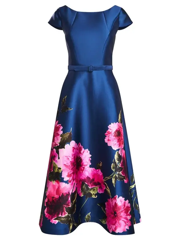 KAY UNGER Ina Belted Tea-length Floral Mikado Dress - Dark Ink F