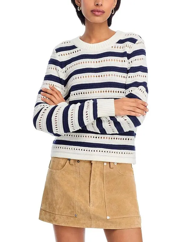 Aqua Stripe Pointelle Crewneck Sweater - Navy/white
