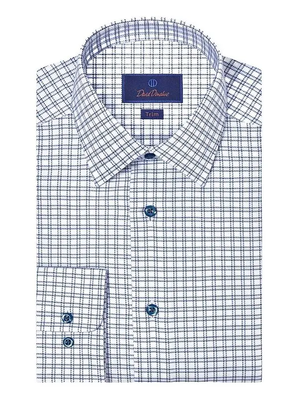 David Donahue Trim Fit Twill Windowpane Check Dress Shirt - White/ Blue