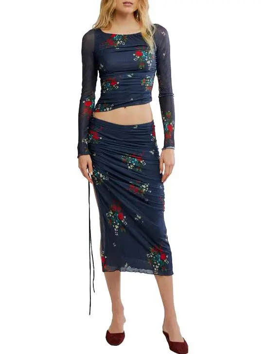 Free People Floral Mesh Crop Top & Skirt Set - Navy Combo
