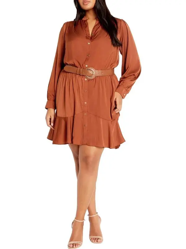 City Chic Belted Long Sleeve Satin Shirt Dress - Toffee