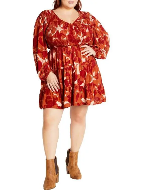 City Chic Printed Long Sleeve Mini Dress - Red Print