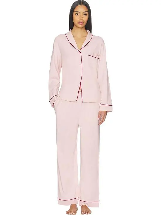 Lunya Slumberknit Button Down Pant Set - Delicate Pink & Pomegranate Jewel