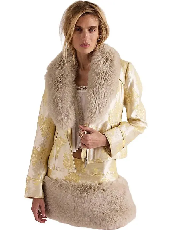 Free People Jacquard Jacket With Faux Fur Collar - Straw