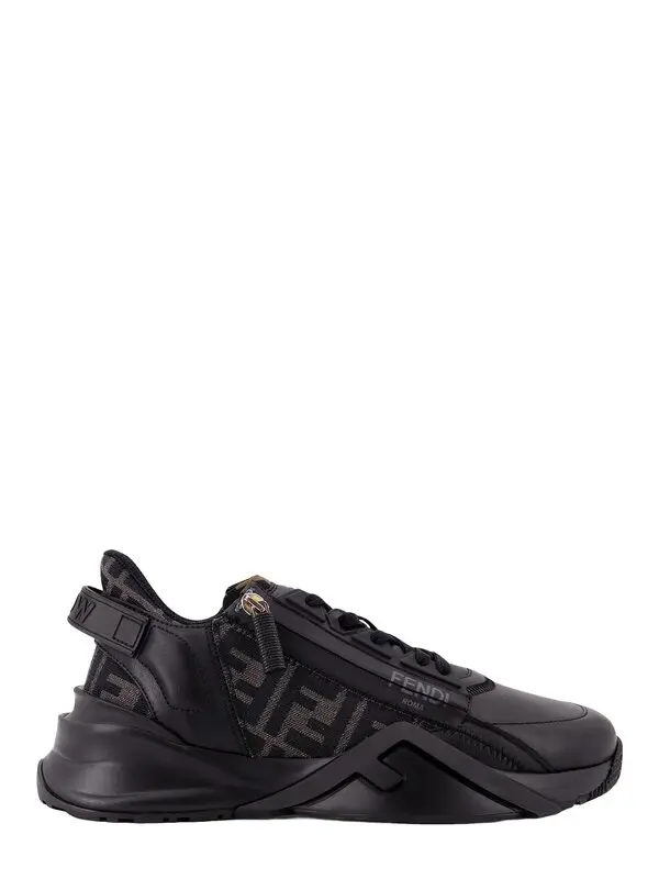 Fendi Leather Flow Sneakers With Ff Jacquard Fabric Inserts - Black