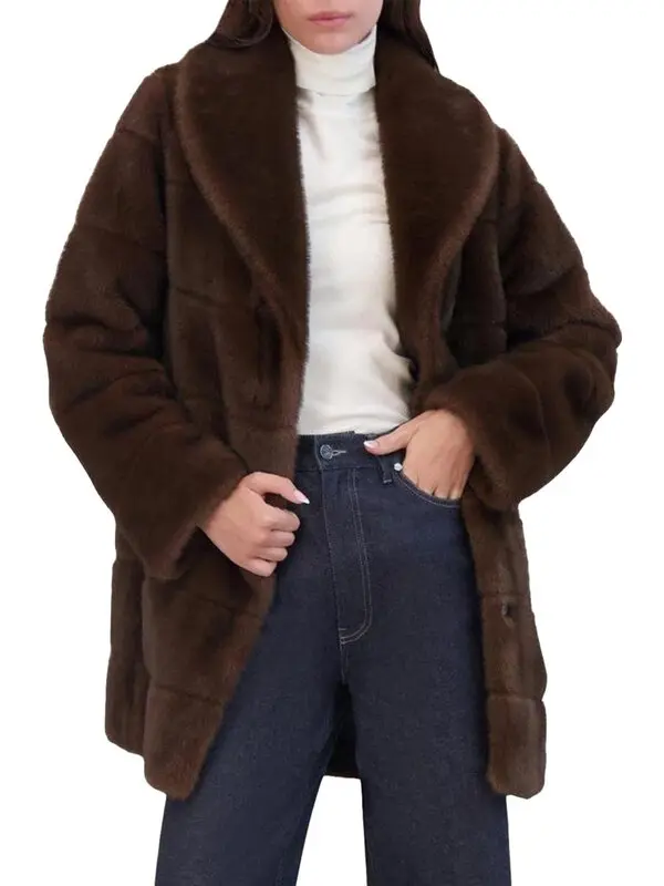 LYLA GRANT Fur-free Quilted Faux Mink Mid-length Coat - Brown