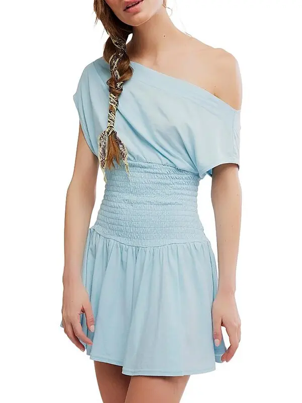 Free People Off-the-shoulder Shirred Mini Dress - Bue Suede