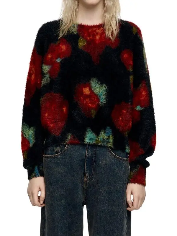 Bimba Y Lola Ribbon Roses Fur Balloon Sweater - Ribbon Roses Black