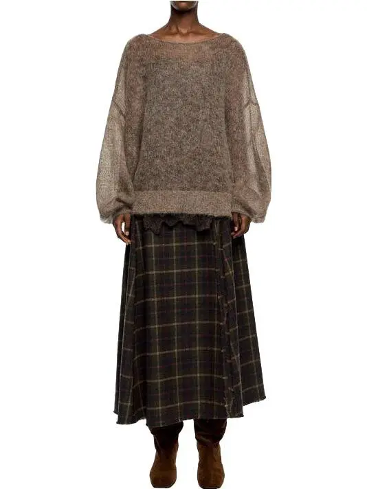 Bimba Y Lola Checked Wool Midi Skirt - Dark Khaki