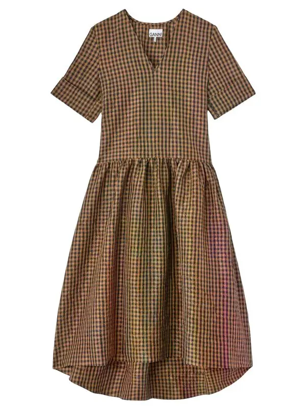 GANNI Checked V-neck Dress - Brown