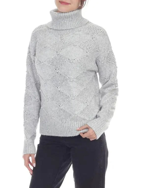 RAIN AND ROSE Diamond Open Knit Turtleneck Sweater - Grey