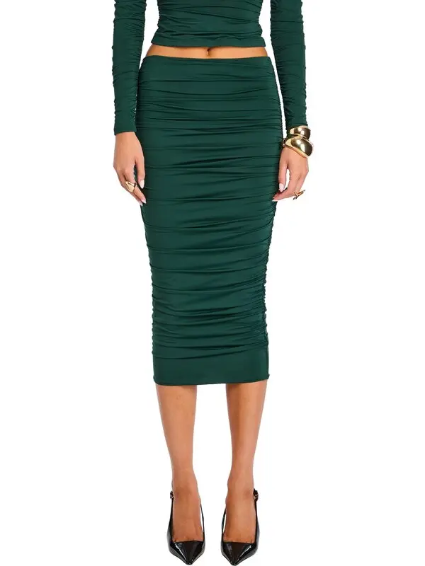 SEROYA Darcy Mid-rise Ruched Midi Skirt - Evergreen