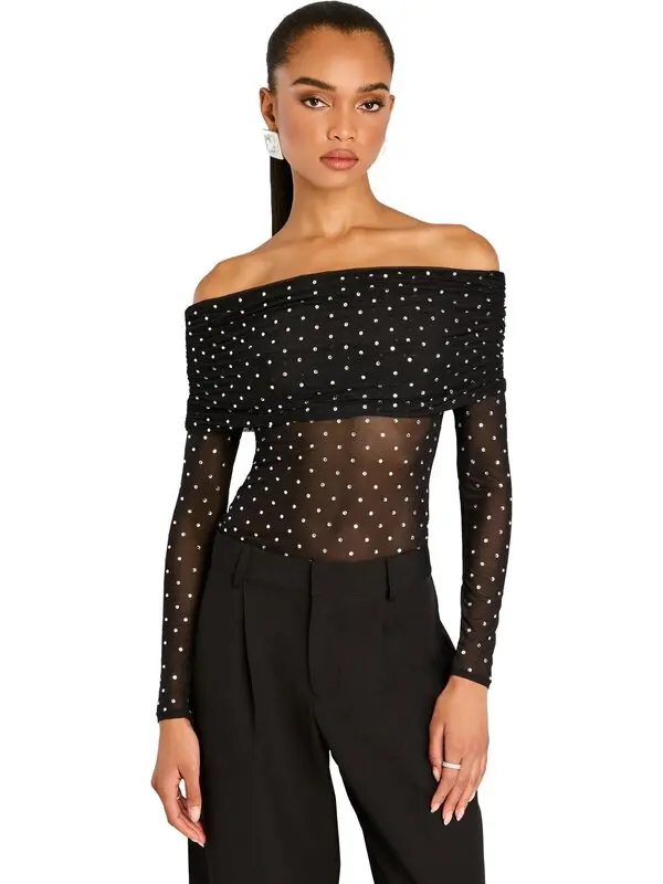 Retrofete Oriana Embellished Mesh Top - Black/silver