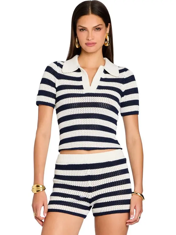SEROYA Crochet Polo Top - Navy/eggshell