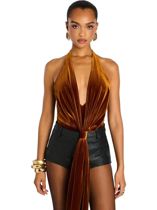 SEROYA Vika Velvet Bodysuit - Marigold