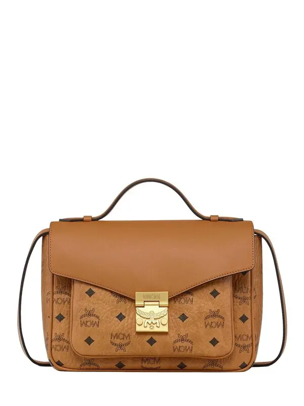 Mcm Tracy Satchel In Visetos Leather Mix - Cognac