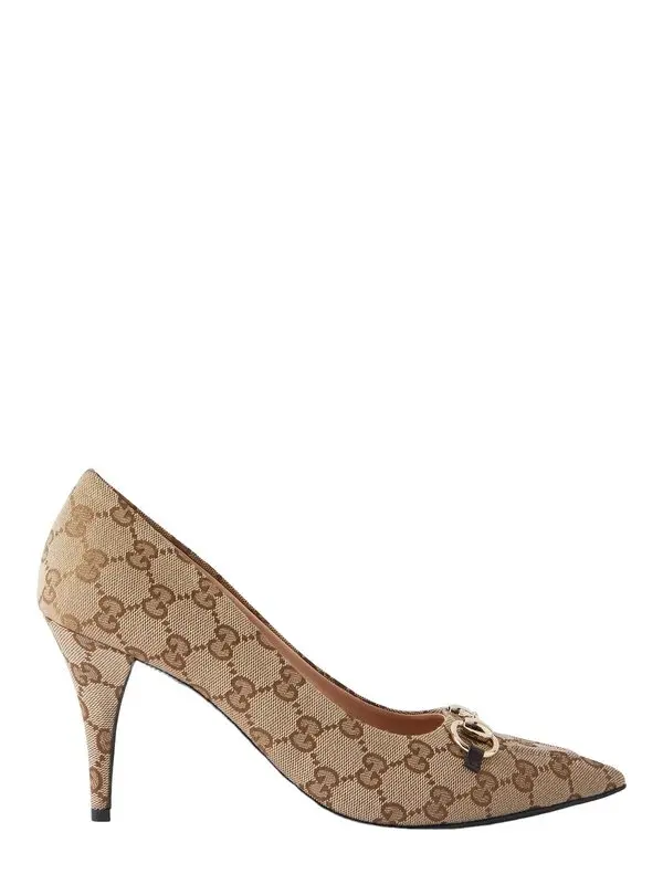 Gucci Horsebit-detailed Canvas-jacquard Pumps - Beige