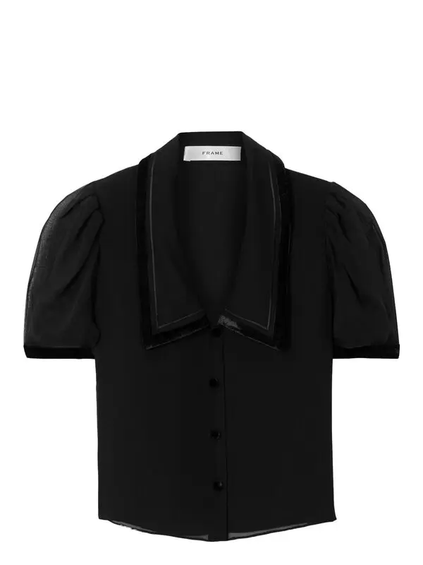 FRAME Sailor Velvet-trimmed Silk-chiffon Blouse - Black