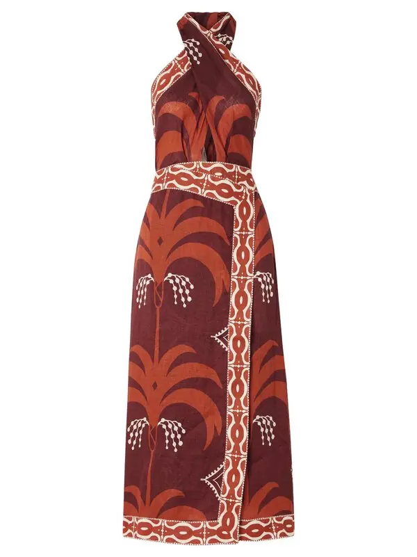 Johanna Ortiz Cutout Printed Linen Halterneck Maxi Dress - Red