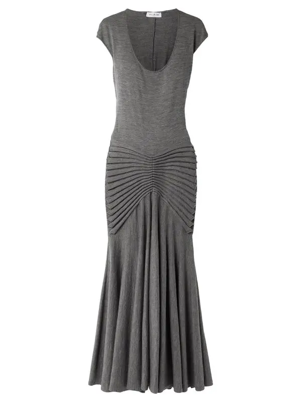 Alaïa Pleated Wool Maxi Dress - Gray