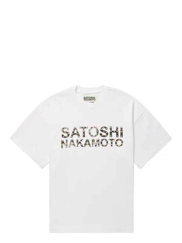 SATOSHI NAKAMOTO Embellished Logo-print Cotton-jersey T-shirt - White