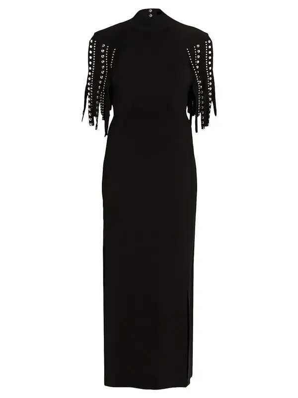 LANVIN Studded Fringe Capelet Maxi Dress - Black