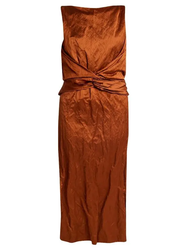 LANVIN Sleeveless Twisted Crinkle Satin Midi Dress - Chestnuts
