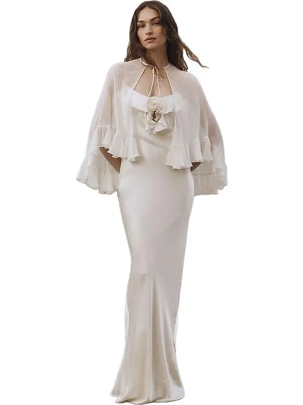 DE LA VALI Esperanza Silk Satin Maxi Dress With Cape - White
