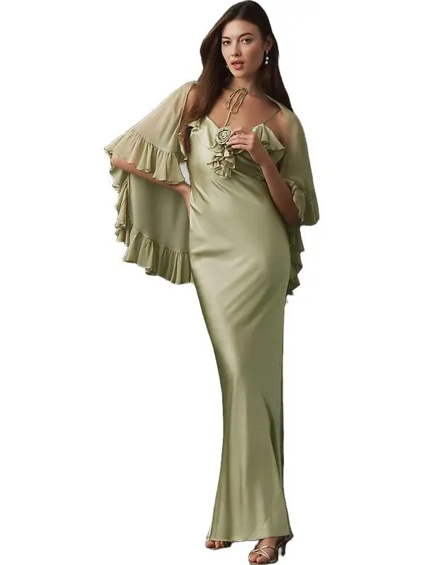 DE LA VALI Esperanza Ruffled Silk Satin Maxi Dress - Green