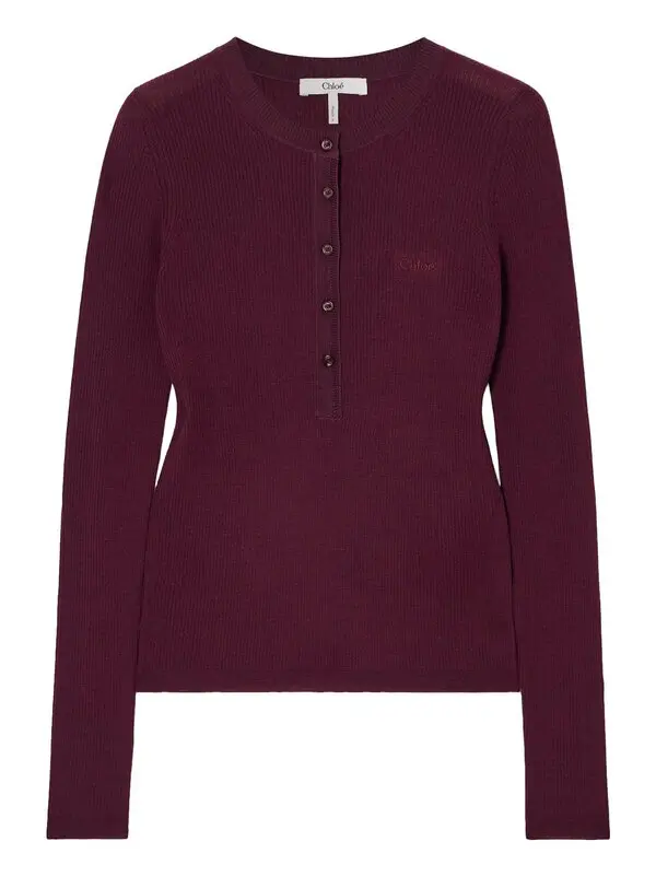Chloé Silk-trimmed Ribbed Wool Sweater - Burgundy