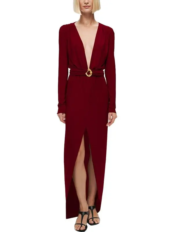 NOCTURNE Belted Jersey Maxi Dress - Burgundy
