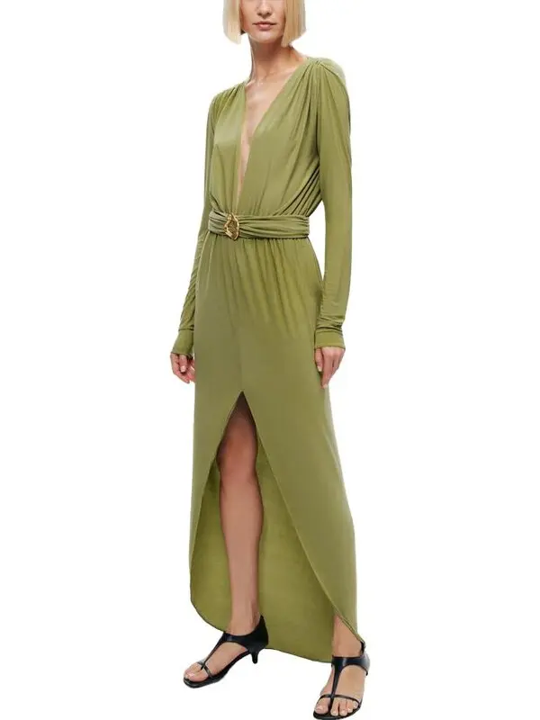 NOCTURNE Belted Jersey Maxi Dress - Olive Green