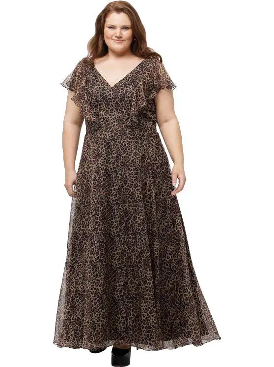 SYDNEY'S CLOSET Short Sleeve V-neck Maxi Dress With Slit - Animal Print