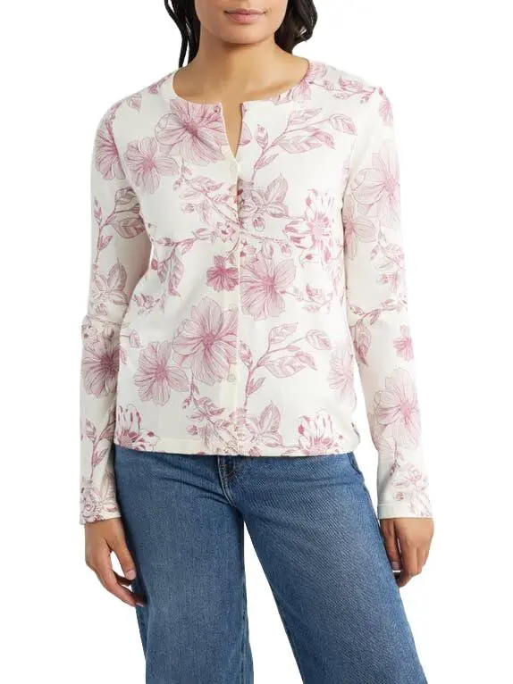 Bobeau Floral Print Fine-gauge Cardigan - Ivory/light Red