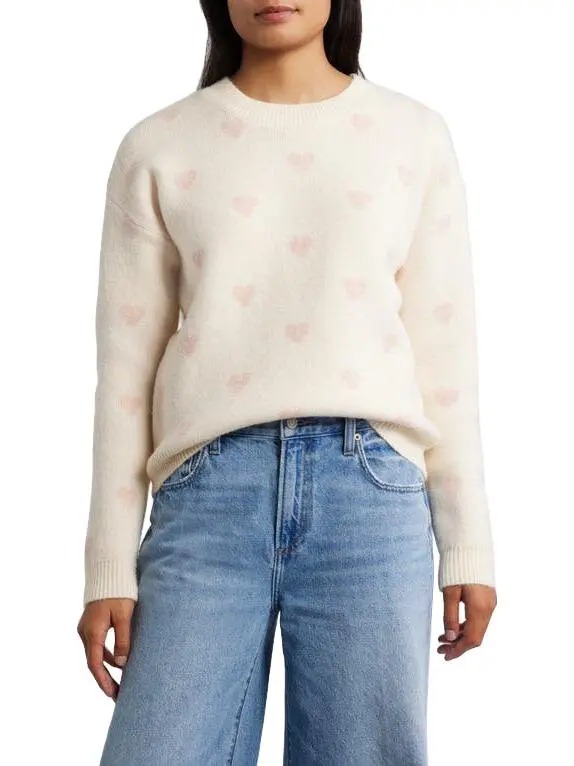 Bobeau Hearts Jacquard Sweater - Ivory/pink
